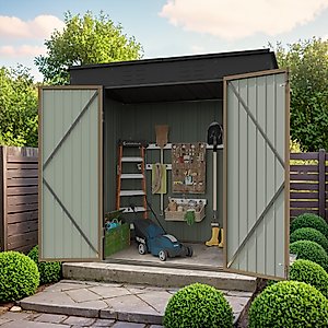 Devoko 6 x 8 FT Outdoor Storage Shed, Metal Garden Tool Sheds & Outdoor Storage House with Sloped Roof for Patio Lawn Backyard (Brown)