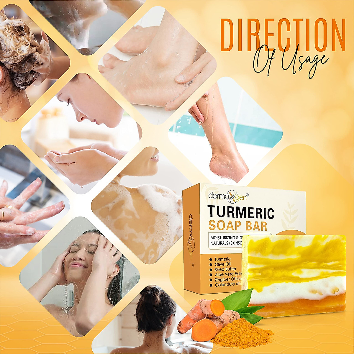 DERMAXGEN Organic Turmeric Soap Bar | Pure Natural Handcrafted Skincare, Face & Body Cleanser | Blemish Control, Reduce Acne, Evens Tone, Fades Scars, Sun Damage, Age Spots - 3.5 Oz