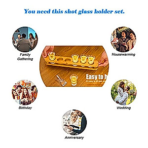 1 oz Shot Glasses with Holder, Shot Glass Set in Bamboo Wooden Shot Tray, D&Z 6 Heavy Base Shot Glasses for Whiskey/Vodka/Tequila/Cocktail/Soju, Shot Serving Tray, Good Helper for Bar/Restaurant/Party