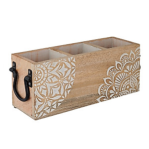 Eximious India Bathroom Decor Wooden 3 Compartment Silverware Holder Utensil and Cutlery Caddy Makeup Organizer for Parties Countertop for Spoon Fork and Knife Basket 10 x 4.5 x 5 Inches (MI03)