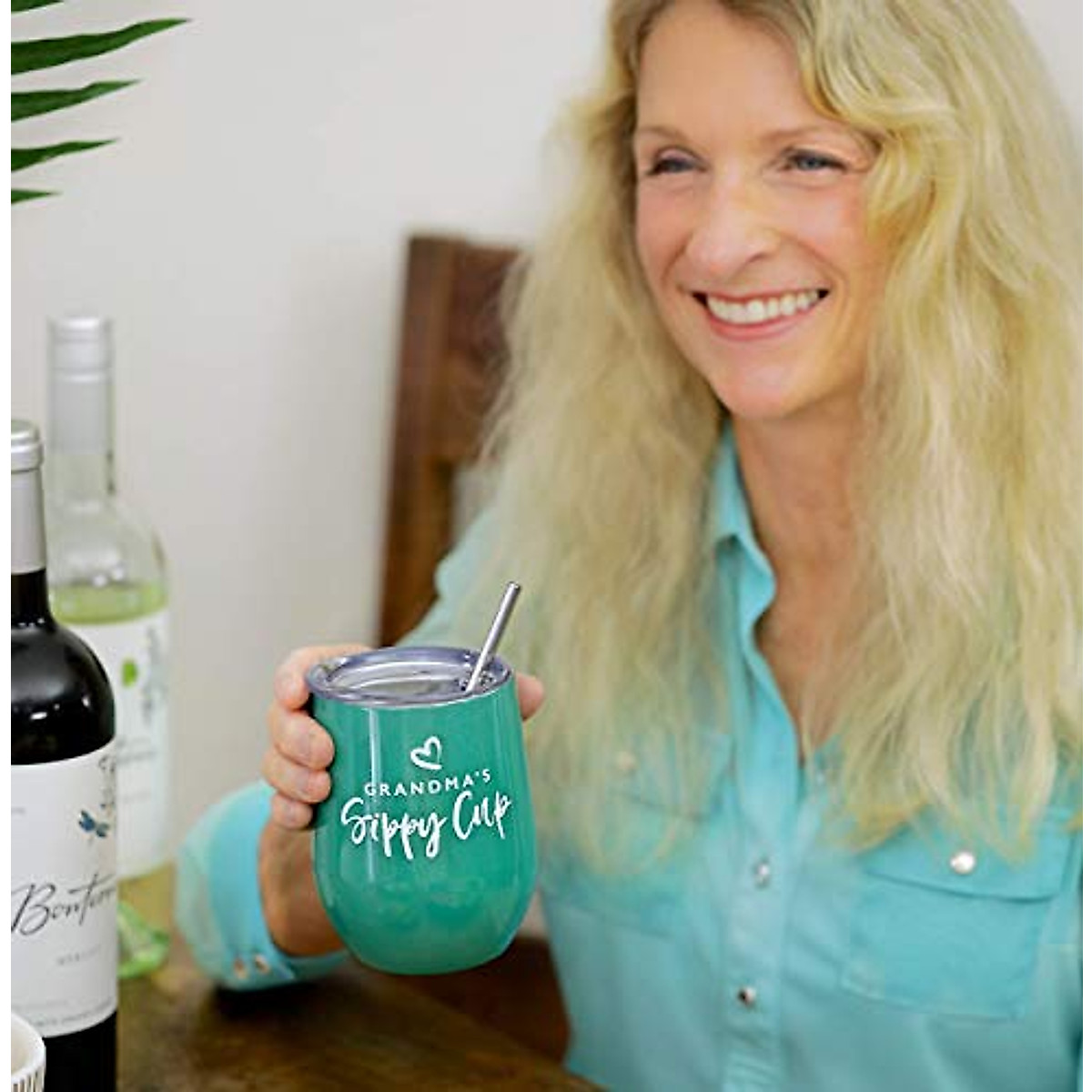 Grandma Gift Insulated Wine Tumbler - 12oz with Steel Straw, BPA Free Lid, and Straw Cleaning Brush - Stainless Steel Stemless Wine Tumbler - Grandma's Sippy Cup - Coffee, Tea, White Wine