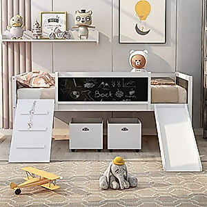 Harper & Bright Designs Kids Loft Bed with Slide and Double-Sided Chalkboard, Wooden Low Loft Bed Frame with 2 Storage Boxes, Twin Loft Bed for Boys & Girls (New, White)