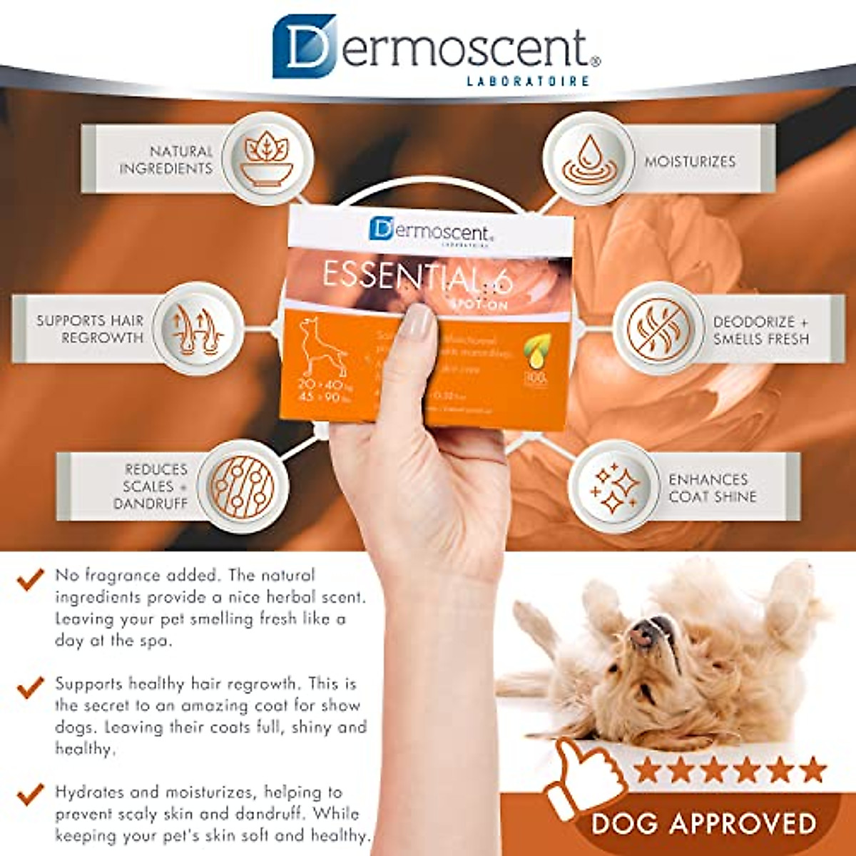 Dermoscent Essential 6 spot-on - Dog Skin Care for Dandruff & Allergy Relief with Vitamin E Oil - Anti Itch for Dogs - Natural Ingredients for Sensitive Skin - Dogs 20-40 kg - 4 Pipettes of 2.4 ml