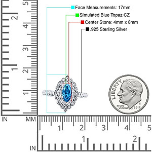 Simulated Blue Topaz CZ Size-7 Halo Vintage Style Art Deco Solitaire Accent Marquise Wedding Engagement Ring Round CZ 925 Sterling Silver
