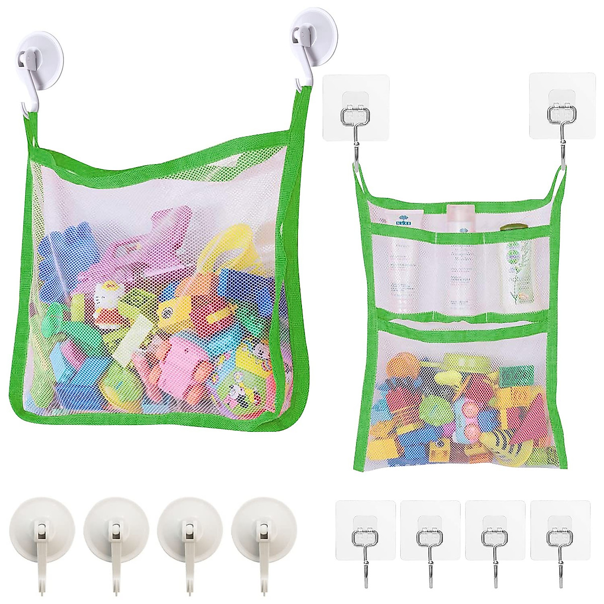 Bath Toy Organizer, SUNDOKI Toy Holder Storage Bags 2 Bath Toy Nets with and 8 Hooks for Kids, Toddlers and Adults (Green)