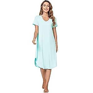 QUALFORT Womens Bamboo Nightgown Short Sleeve Sleepwear V Neck Loungewear Side Slit Soft Nighdress Aqua Green Medium