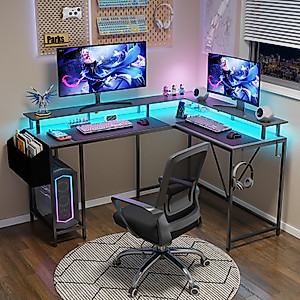 Eivanet 53inch L Shaped Desk,L Shaped Gaming Desk with Power Outlets & LED Lights, Computer Desk with Monitor Stand & Storage Bag, Home Office Desk Corner Desk with Hooks, Easy to Assemble, Grey