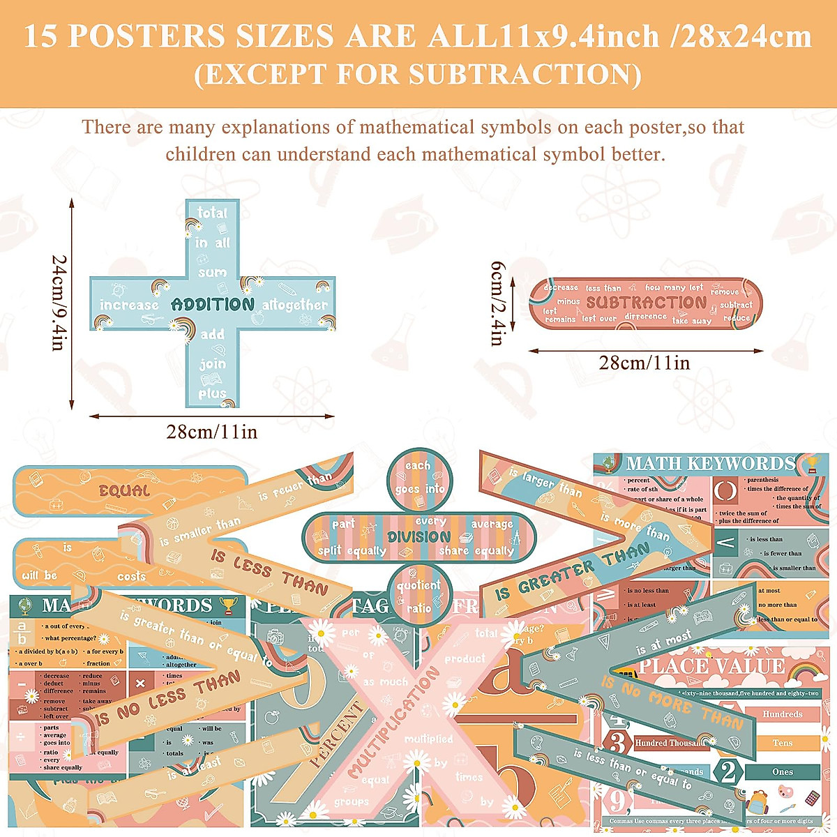 Geyoga 15 Pcs Educational Posters Set - Large Math Symbols, Multiplication, Educational Posters for Homeschool & Classroom (Rainbow Daisy)
