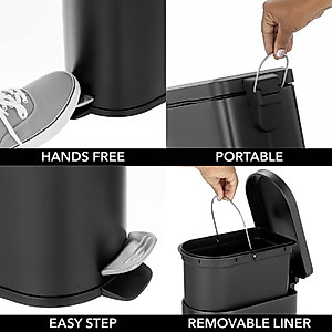 mDesign Small 1.3 Gallon Stainless Steel Metal Step Trash Can Garbage Bin for Bathroom, Bedroom, or Home Office - D-Shape Trashcan with Foot Pedal and Lid - Removable Liner Bucket with Handles, Black