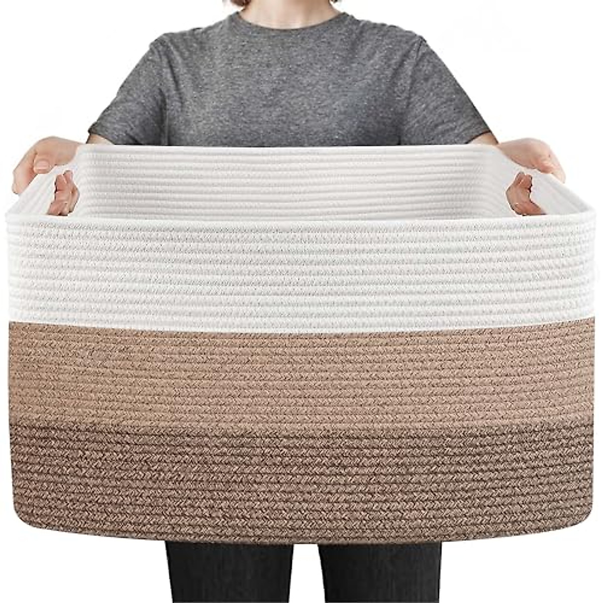MEGASKET Extra Large Blanket Storage Basket, 23.6" x 15.7" x 14.1" Rectangle Woven Cotton Rope Basket, Blanket Basket Holder for Living Room, Wicker Storage Basket for Pillows, Blankets Organizer Bins