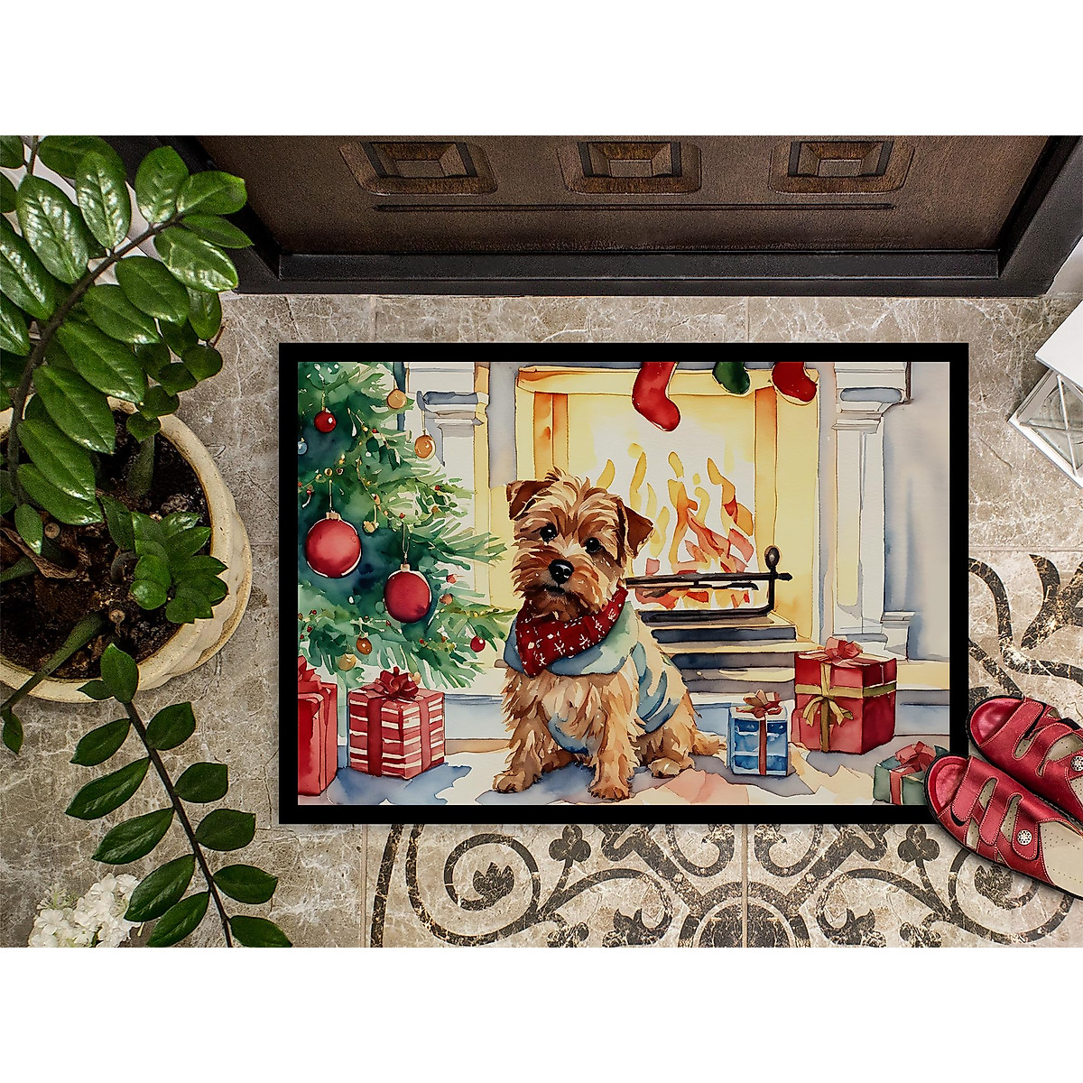 Caroline's Treasures DAC2709MAT Norfolk Terrier Cozy Christmas Doormat Front Door Mat Indoor Outdoor Rugs for Entryway, Non Slip Washable Low Pile, 18H X 27W