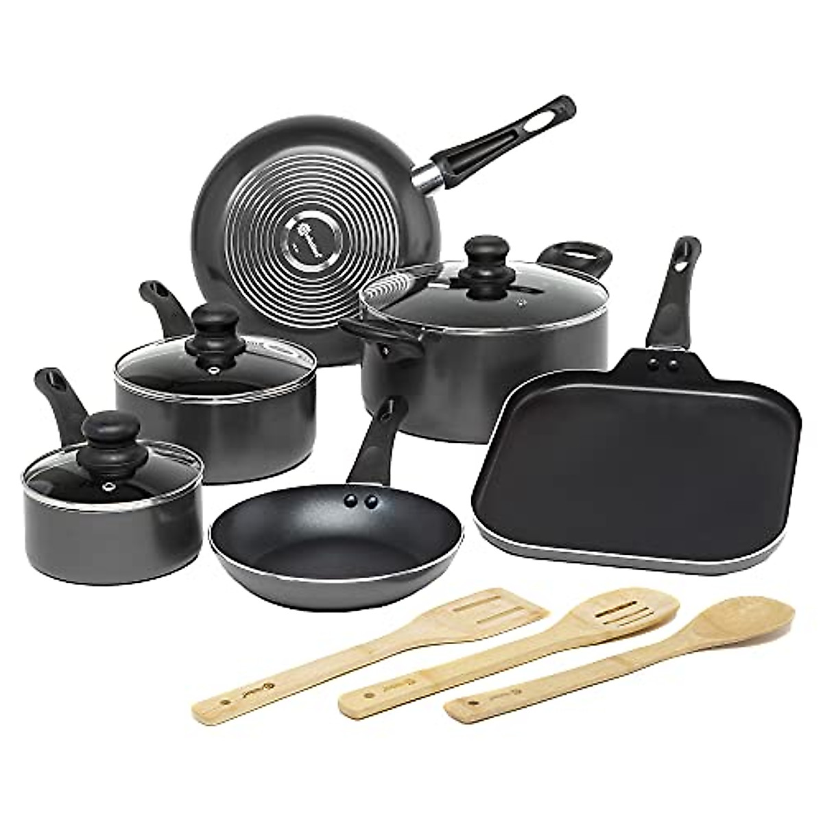 Ecolution Easy Clean Nonstick Cookware Set, Dishwasher Safe Kitchen Pots and Pans Set, Comfort Grip Handle, Even Heating, Ultimate Food Release, 12-Piece, Black