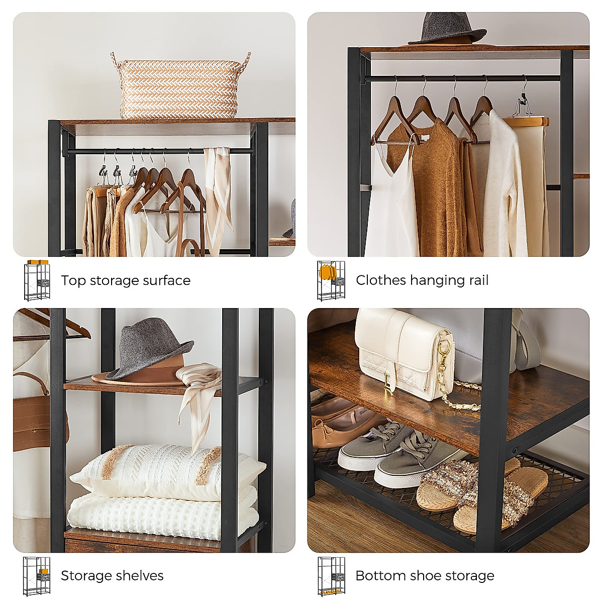 VASAGLE Free Standing Closet Organizer, Clothes Rack, Closet Organizer and Storage Shelves, Hanging Rod, 2 Drawers, Industrial Style, Rustic Brown and Black URGR001B01