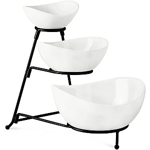 Gomakren 3 Tiered Oval Serving Bowl With Collapsible Metal Rack, Dessert Appetizer, Candy Chip Dip, Fruit, Vegetable Bowl Set, White Serving Dishes For Entertaining (Black)
