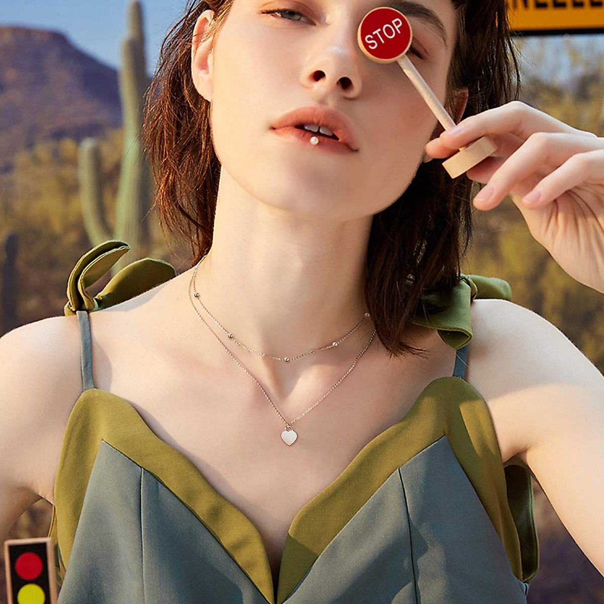 PEIMKO Sterling Silver Double Layered Choker Necklace for Women, Rose Gold Plated Silver Rosary Layered Necklaces Gift for Women