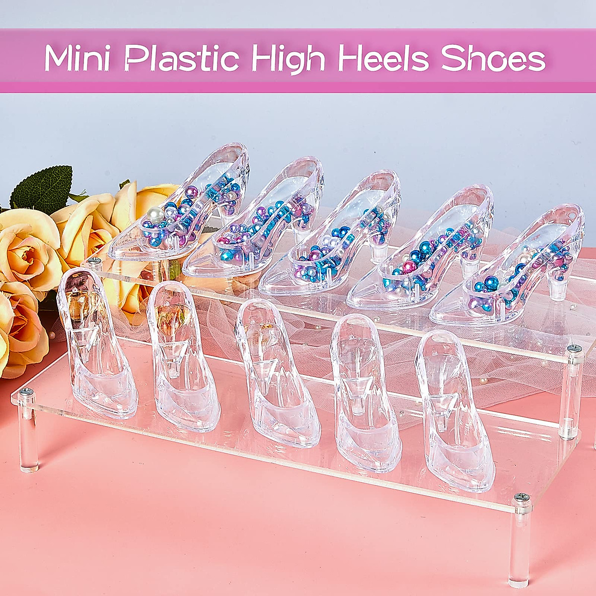 Taiyin 100 Pcs Mini Glass Slippers Clear Princess Slippers Decoration Plastic High Heel Shoes for Women Party Candy Supplies Gift Favor Holders for Wedding Birthday Party Decorations, 3.5 Inch