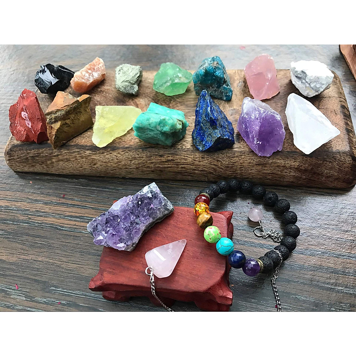 Chakra Therapy Starter Collection 17 pcs Healing Crystals kit, 7 Raw Chakra Stones,7 Colorful Gemstones, Amethyst,Rose Quartz Pendulum,Chakra Lava Bracelet,Dry Roses,Guide,COA,Gift Ready