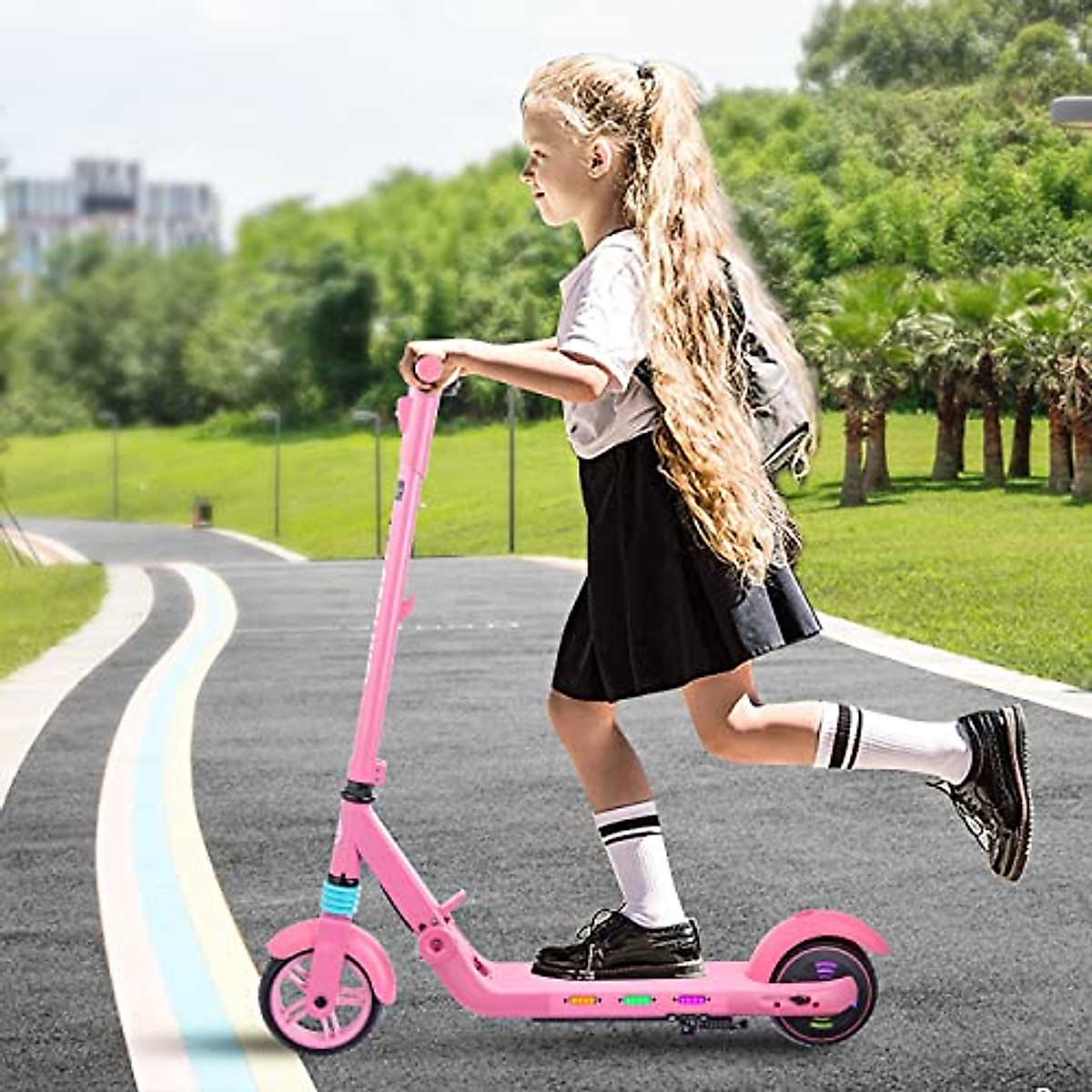 Electric Scooter for Kids Ages 6-12, Colorful Rainbow Lights, Bluetooth Music Speaker, LED Display and Adjustable Speed, Foldable E-Scooter for Kids Girls Boys, Ideal Gift for Children (Pink)