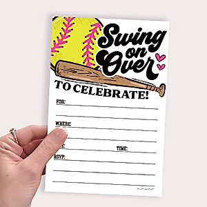 Softball Invitations With Envelopes (20 Count) - Softball Player Birthday or Team Event Invites - Swing On Over