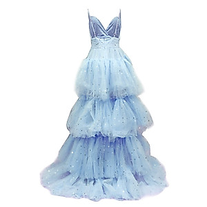 A Line Dresses for Women Mid Length Tulle Prom Dress V Neck A Line High Low Evening Party Gown Ruffles Maxi Dress Blue