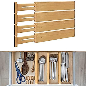 MDHAND Bamboo Drawer Dividers, Expandable & Adjustable Drawer Dividers Organizers, Drawer Separators for Kitchen, Dresser, Bedroom, Office, Set of 4 (17-22in)