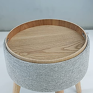 SOFT ASS Multi-Functional Round Storage Ottoman Footrest with Coffee Table Tray, Light Grey Linen with Detachable Wooden Feet/Footstool for Bedroom, Study and Living Room (Light Grey1)