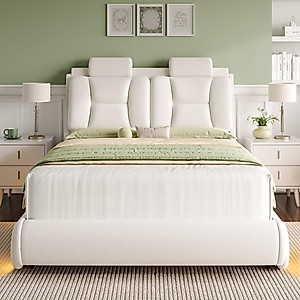 Queen Upholstered Led Bed Frame with Wheels Decor & Adjustable Curved Headboard Modern Car-Shaped Platform Bed with Detachable Pillows Solid Wooden Slats Support No Box Spring Needed, Velvet Beige