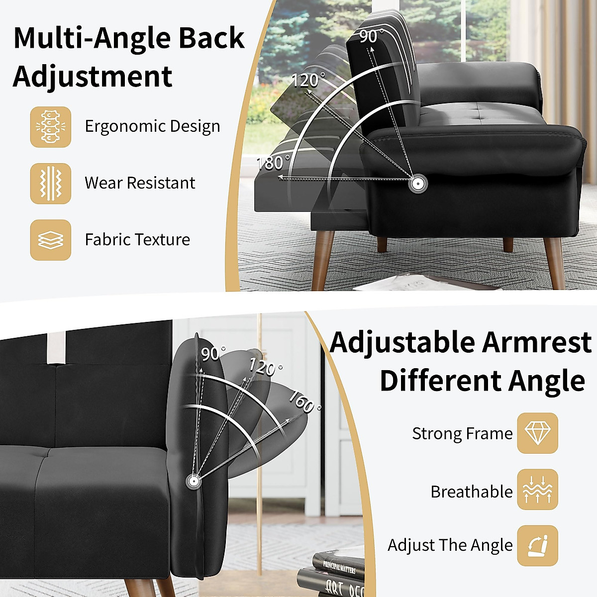 Shintenchi Futon Sofa Bed Modern Folding Sleeper Couch Bed for Living Room,Velvet Loveseat Sofa Couch Sofa cama for Apartments Office Small Spaces,w/Adjustable Armrests Backrest,Black