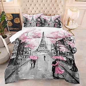 kxry Pink Paris Eiffel Tower Comforter Set Full Size French Style Couple Lover Flower Bedding Sets for Girls Women Kids Quilted Duvet 1 Comforter + 2 Pillow Cases