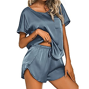 Ekouaer Satin Pyjamas Woman Sleepwear Pajama Shorts Set Silky Night wear Pjs Sets D.grey M