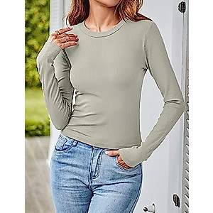 MEROKEETY Women Long Sleeve Slim Fit Crop Shirt Ribbed Knit Tops Casual Round Neck Y2K Tees Grey Small