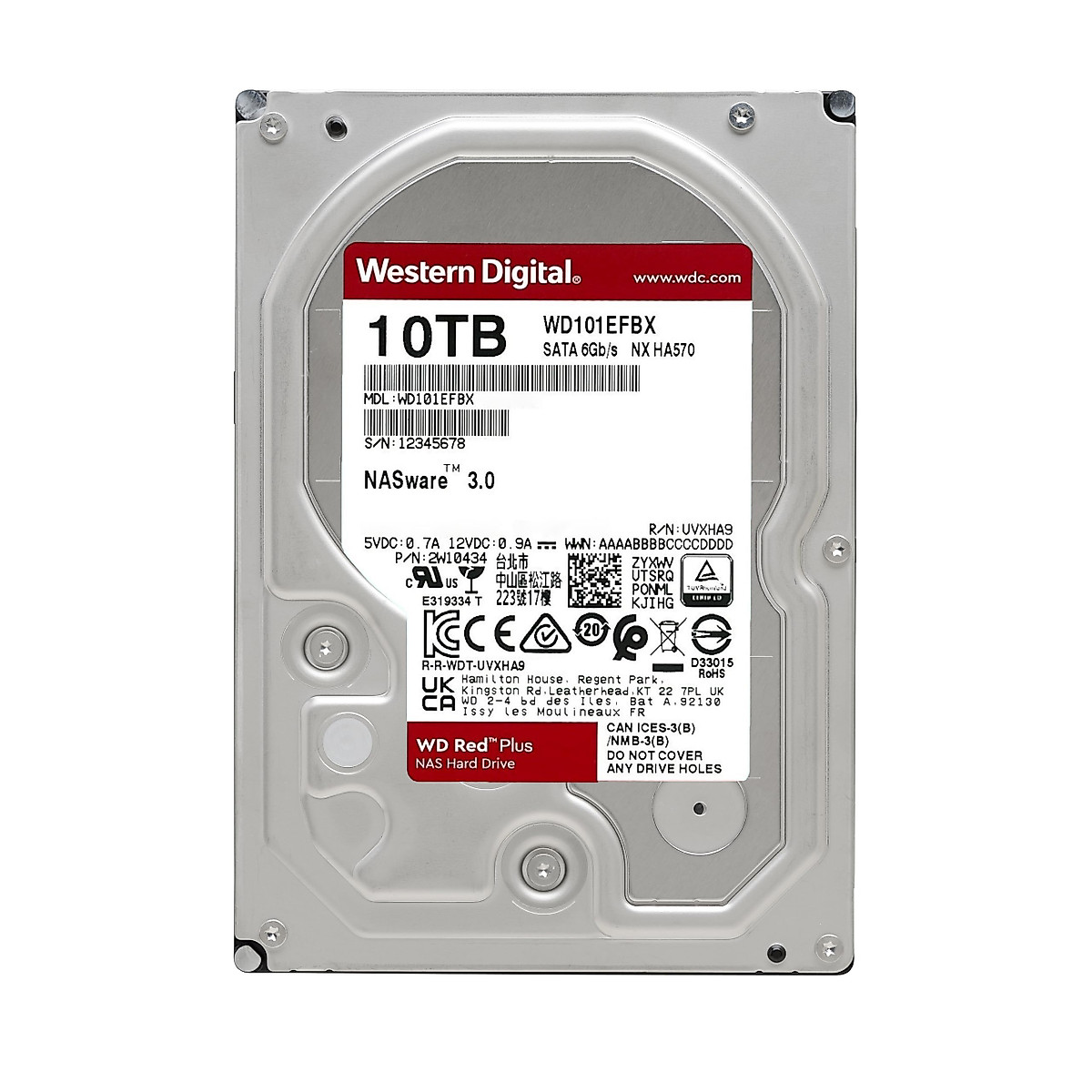 Western Digital 10TB WD Red Plus NAS Internal Hard Drive HDD - 7200 RPM, SATA 6 Gb/s, CMR, 256 MB Cache, 3.5" - WD101EFBX