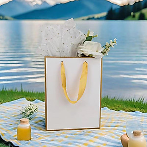 TKSBAG Gift Bags with Handles, 12 Pack 11.3 x 8.6 x 3.9 Gift Bags Medium size, White Gold Thank You Bags for Wedding, Birthday, Bridal shower, bridesmaid, Groomsmen