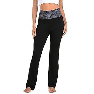 HDE Women's Color Block Fold Over Waist Yoga Pants Flare Leg Workout Leggings Black Leopard/Black - S