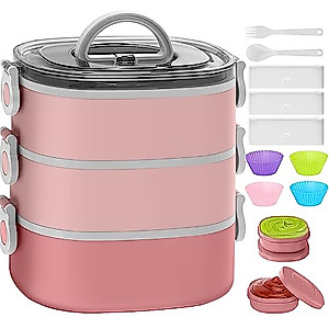 KHOXU Bento Lunch Box, Stackable 3 Layers Bento Box Adult Lunch Box, 94OZ Large Capacity Lunch Containers, Lunch Box Kids with Accessories Kit , Leak-Proof, Food-Safe Materials, Pink