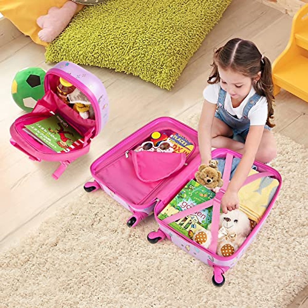 HONEY JOY Kids Luggage, 12" Toddler Backpack & 16" Travel Suitcase with Wheels, Lightweight Toddler Girls Suitcase, Durable ABS Hardshell, 2Pcs Carry On Luggage Set for Boys Girls(Pink Horse)