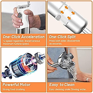 Immersion Blender, 5 in 1 Hand Blender, 12 Speed and Turbo Mode Immersion Blender handheld, Blender Electric Stainless Steel with Milk Frother, 600ml Beaker, 500ml Chopper, Egg Whisk