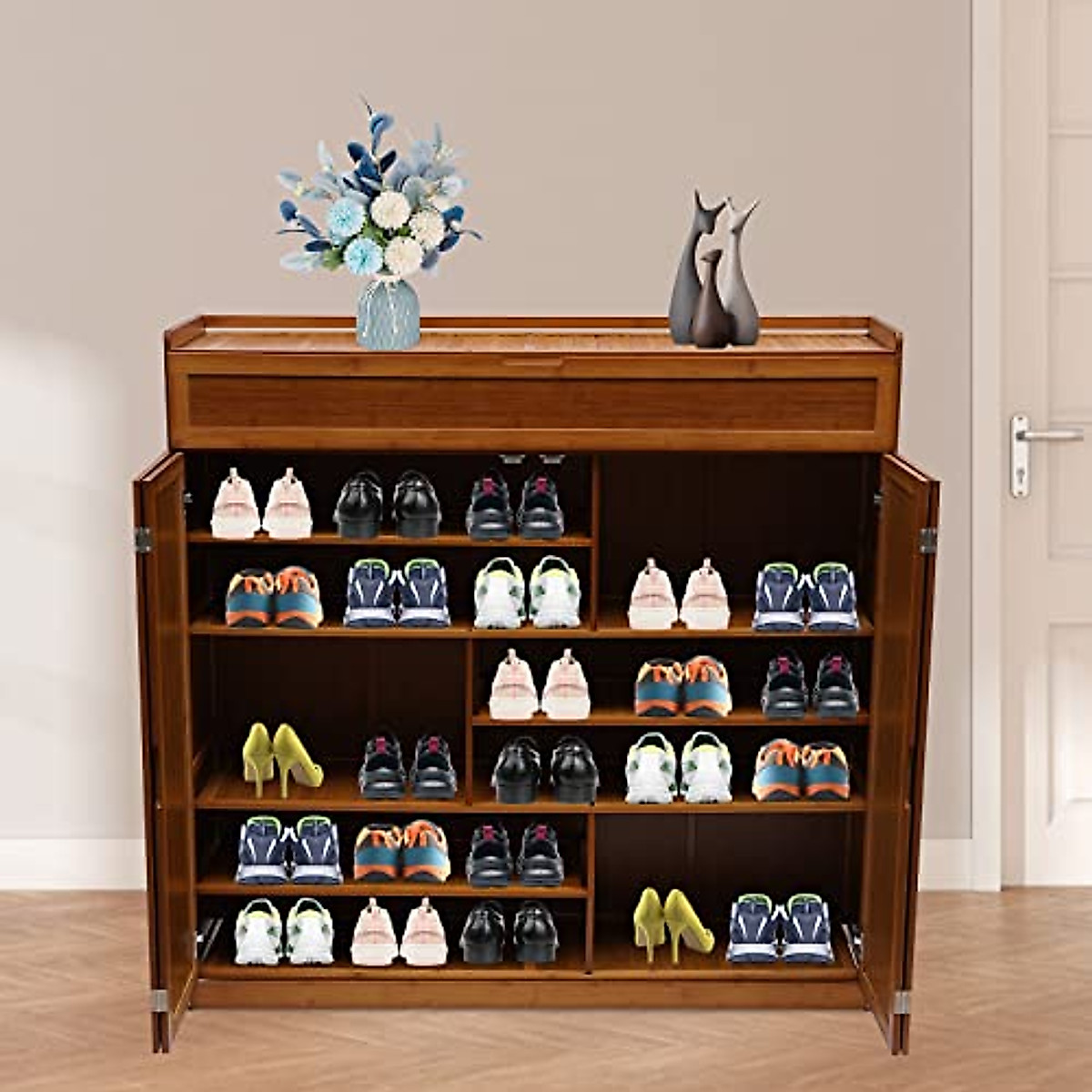 Bamboo Shoe Storage Cabinet 7 Tier Shoes Rack with Folding Door Free Standing Shoe Racks Shoe Organizers for Entryway Hallway Living Room Bedroom, 46 * 13 * 45.3 Inch