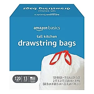 Amazon Basics Tall Kitchen Drawstring Trash Bags, 13 Gallon, 120 Count (Previously Solimo)