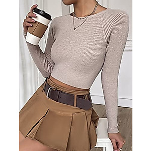 SOLY HUX Women's Fitted Ribbed Crewneck Long Sleeve Crop Tops Tee Shirts Solid Mocha Brown L