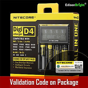 EdisonBright Nitecore D4 Digital Smart Battery Charger for Li-ion Ni-MH Ni-CD with 12V DC Car Adapter, NBM40 18650 Battery Magazine Battery Carry Case