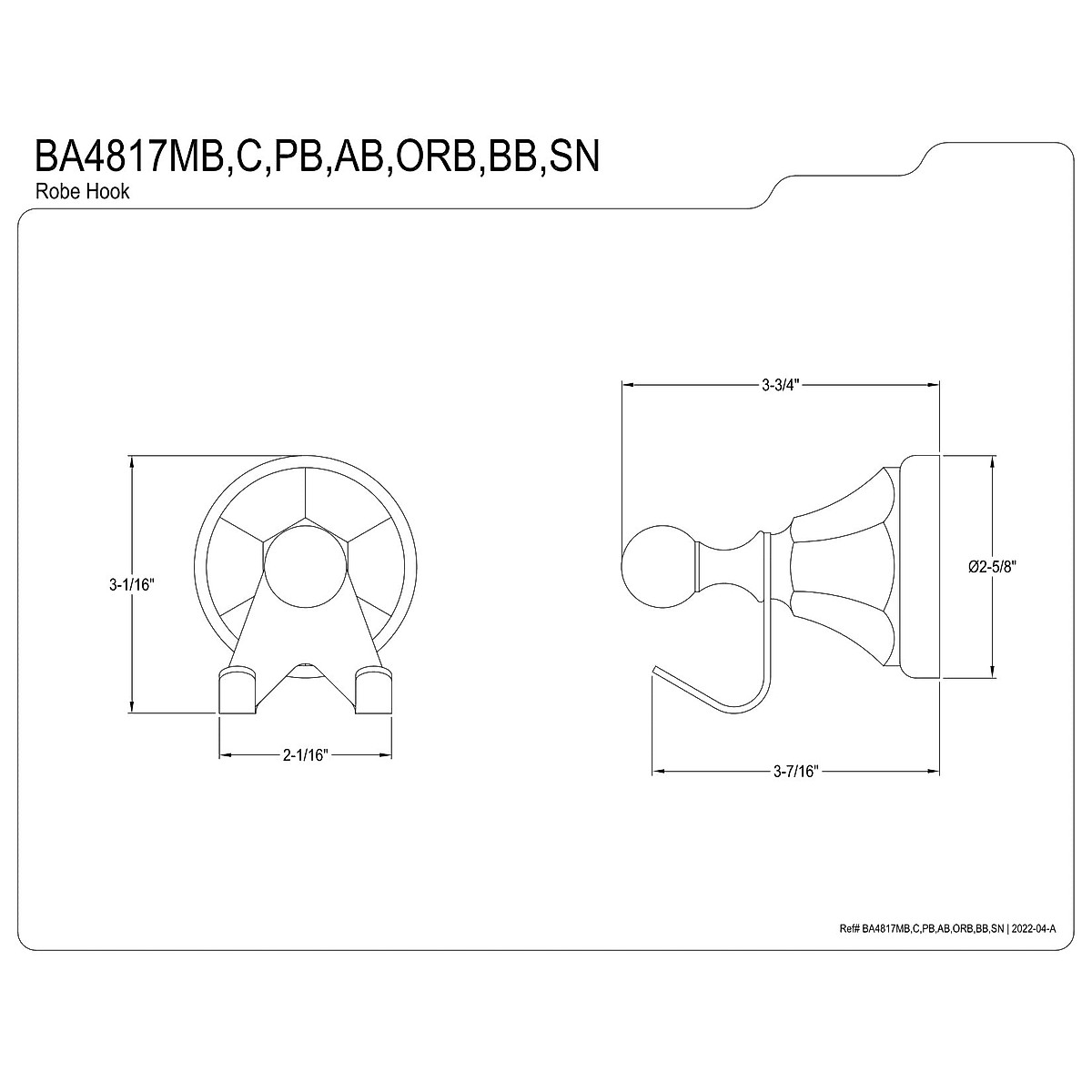 Kingston Brass BA4817C Metropolitan Robe Hook, Polished Chrome,3-3/4" Length