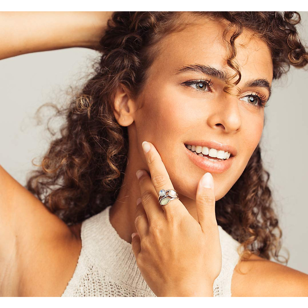 Joolala Stacked Stones 925 Sterling Silver Women’s Ring with Prehnite, Moonstone and Pink Moonstone Design – Gorgeous Oxidized Finish – Ideal Promise Ring, Engagement, Anniversary. (6)