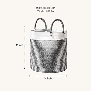 LA JOLIE MUSE Woven Rope Basket Hamper, Tall Cotton Laundry Basket 16 x 14 x 14 Inches, Clothes Blanket Storage Baskets for Living Room Nursery Bedroom Bathroom, White & Gray