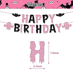 Halloween Birthday Party Decorations with Happy Birthday Halloween Banner, Halloween Birthday Pink Backdrop, Halloween Cake Cupcake Topper and Balloons for Kids Girls Halloween First Birthday