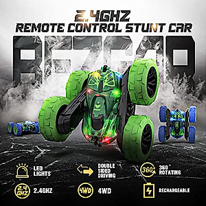 BEZGAR LED Remote Control Car for Boys, 2.4GHz Double Side 360 Flips RC Stunt Car for Boys 8-12, 4WD All Terrain Stunt Car with Rechargeable Battery