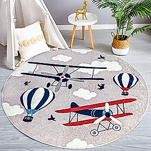 Round Rug 3.3ft, Large Cute Super Soft Aircraft Hot Air Balloon Carpet for Kids Room Playroom Nursery Bedroom Living Room, Non Slip Washable Circular Floor Mat Area Rug for Home Decorative (Grey)