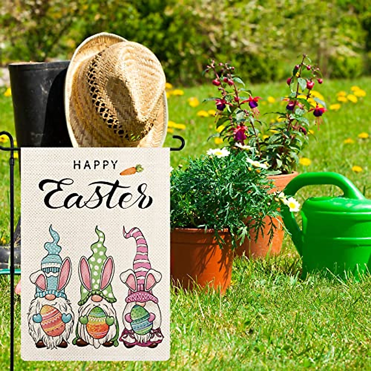 YOVOYOA Happy Easter Rabbit Bunny Gnomes Garden Flag 12.5 x 18 Inch Double Sided Welcome Pees Easter Eggs Flag, Easter Farmhouse Decor
