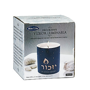 Rite Lite Blue Marble Ceramic Yizkor Luminaria 3" H - Yizkor Memorial Candle Blue with Gold Accents