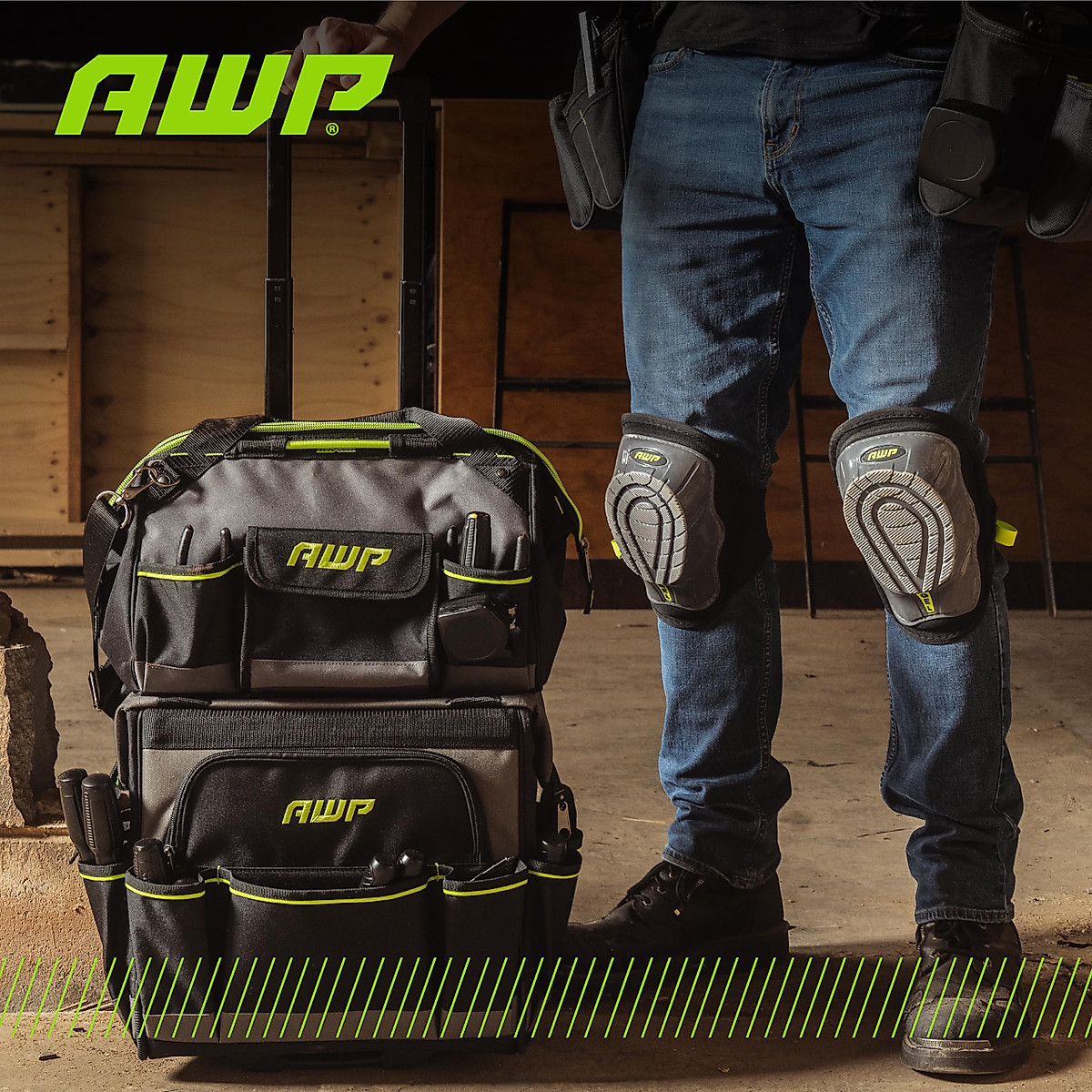 AWP Gel Stabilizer Flooring Roofing, Decking Non-Skid Knee Pads with Dual Layer Padding and Shock Stabilizer Caps | One Size, black,grey,green